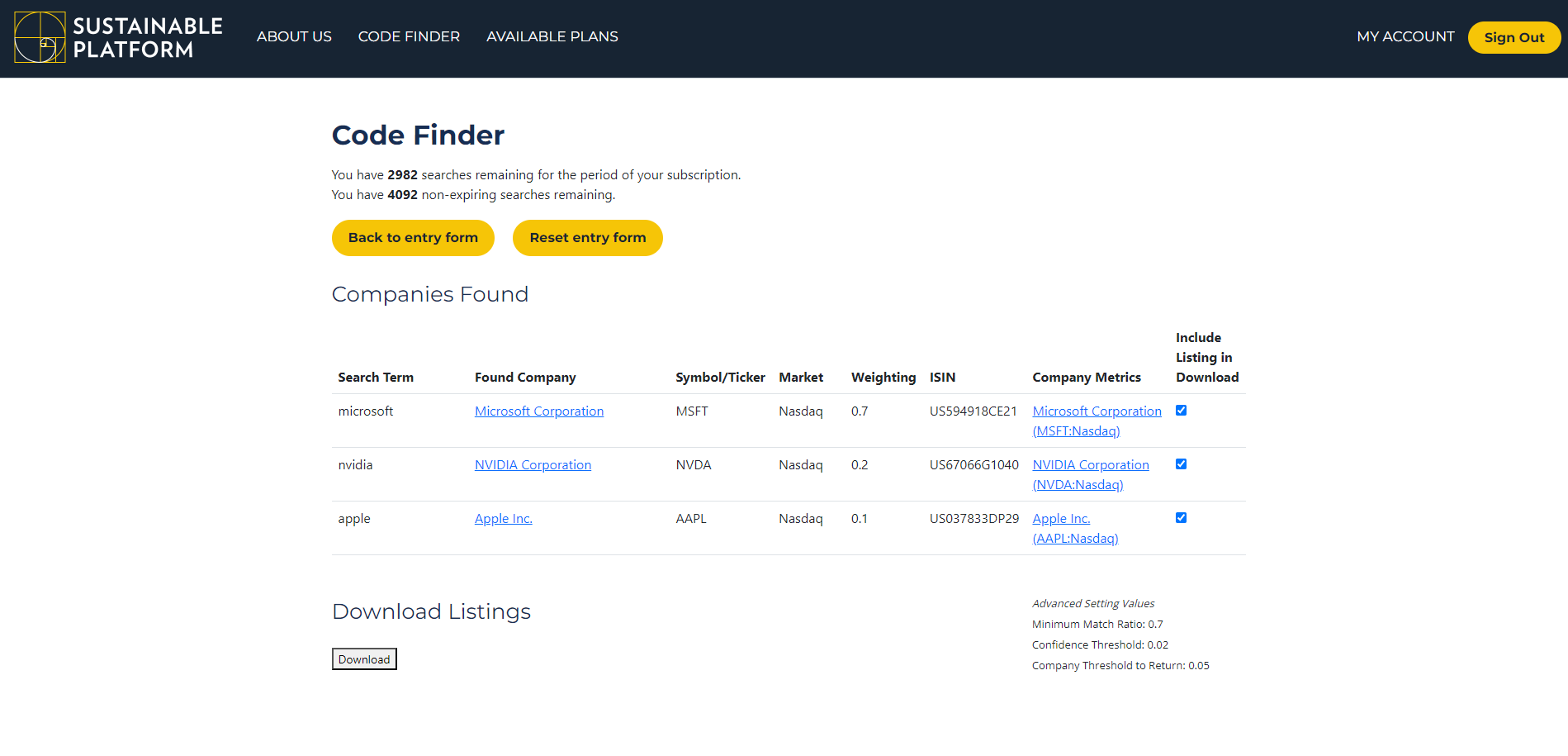 Sustainable Platform's Code Finder